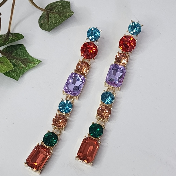 Jewelry | Gold Multi Color Crystal Drop Earrings | Poshmark